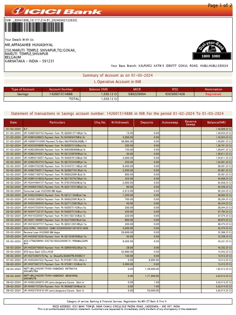 ICICI Bank Operative Account Statement | PDF | Payments | Banks