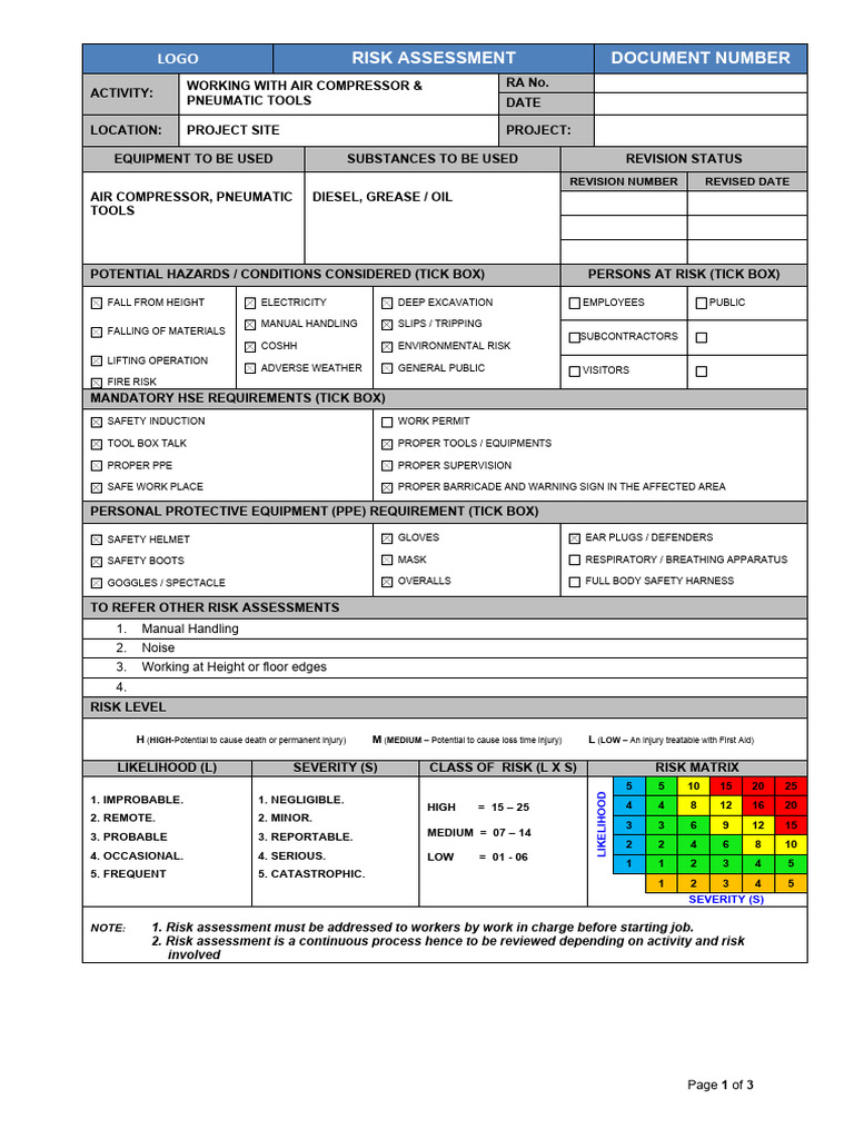 Air Compressor & Pneumatic Tools Risk Assessment | PDF | Personal ...