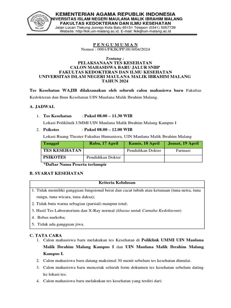0901 - Pengumuman Tes Kesehatan FKIK Jalur SNBP Tahun 2024 | PDF