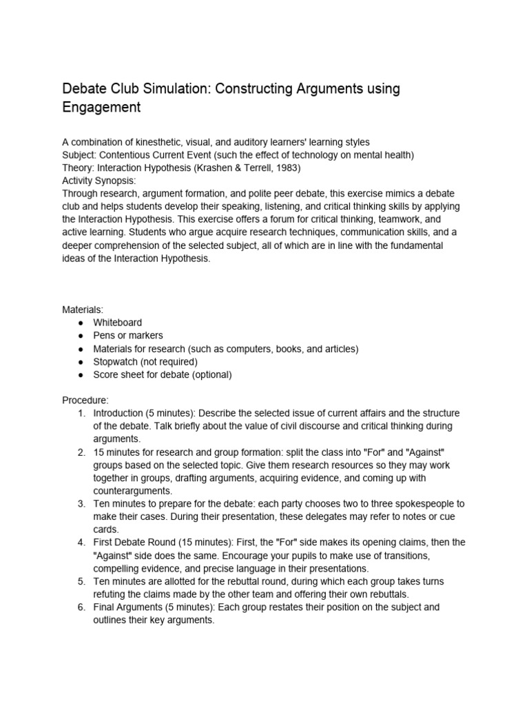 Debate Club Simulation - Constructing Arguments Using Engagement | PDF ... Debate Club Simulation - Constructing Arguments Using Engagement | PDF ...