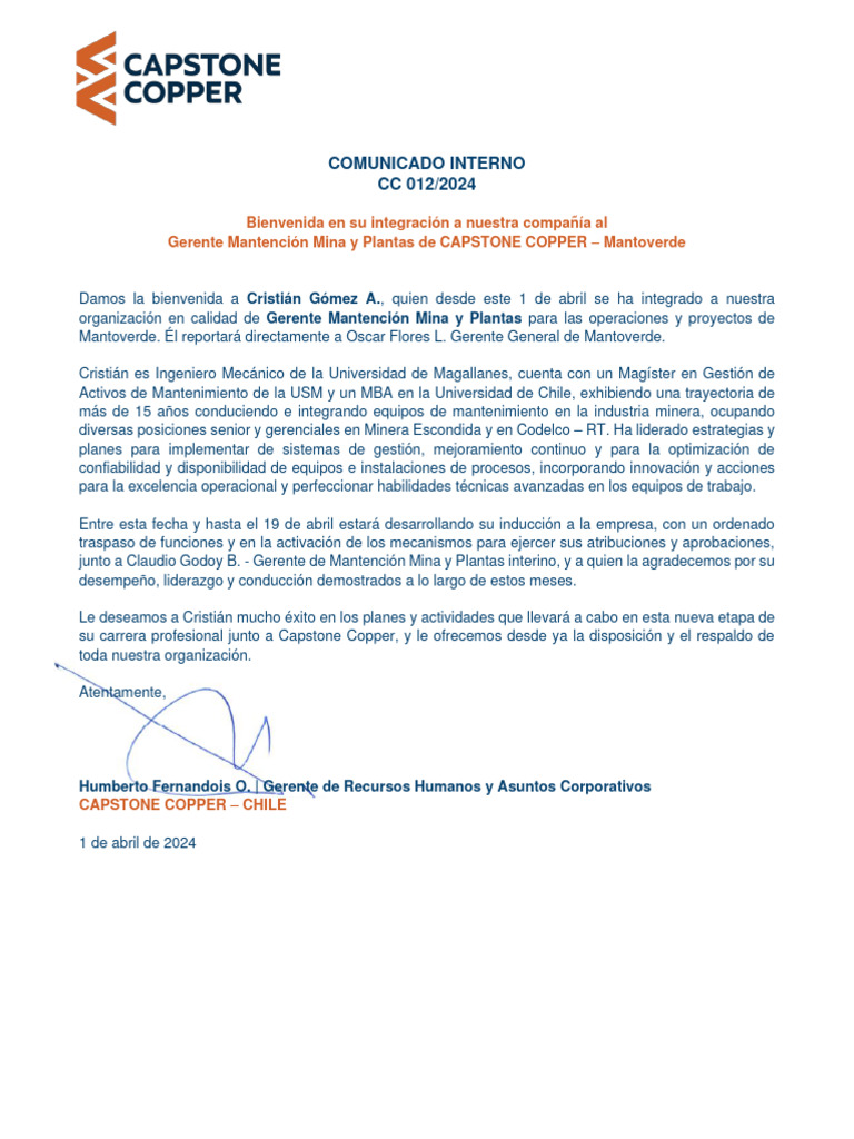 CCChile 012 - 2024 - COMUNICADO INTERNO - Bienvenida e Integración A ...