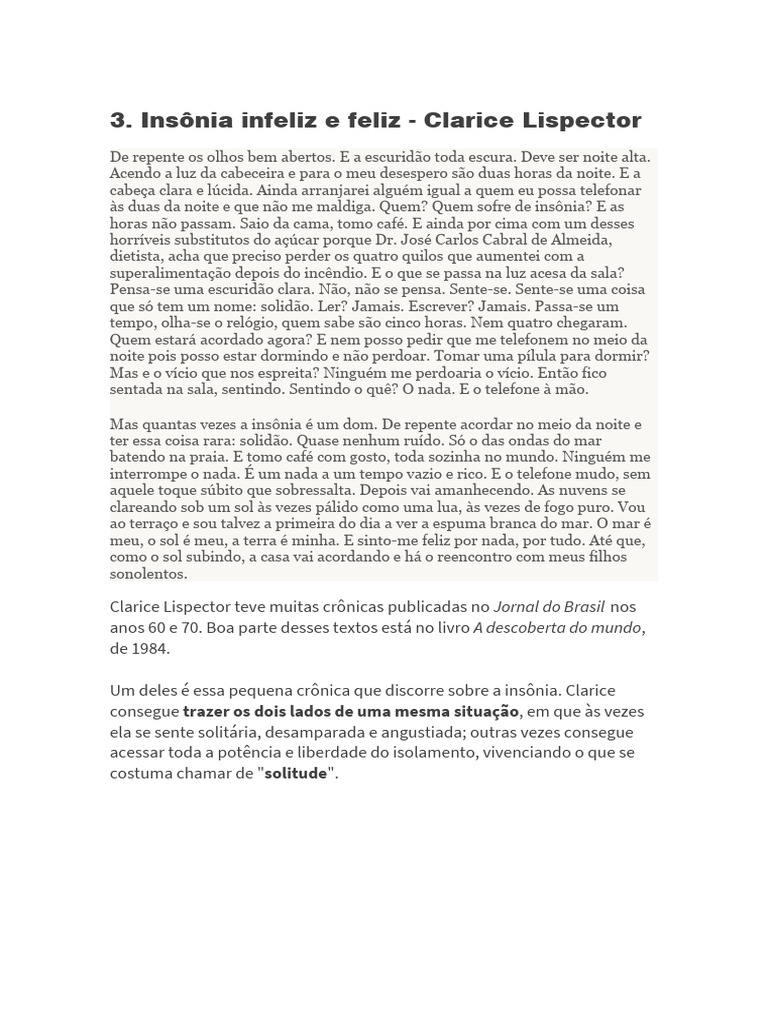 Insônia Infeliz e Feliz - Clarice Lispector | PDF