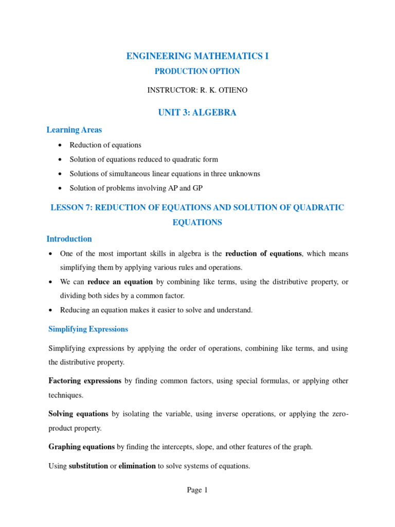 Lessons 7 and 8 Engineering Mathematics I Production Option | PDF ...