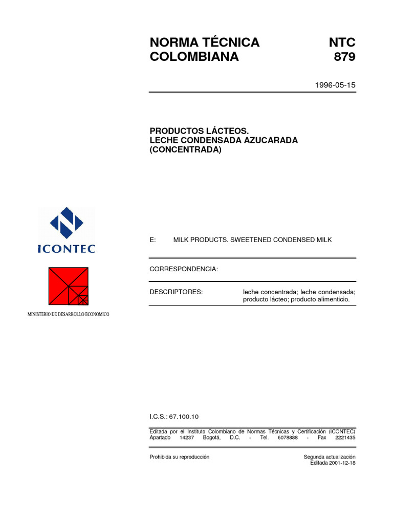 Norma Técnica Colombiana 879 | PDF | Leche | Azúcar