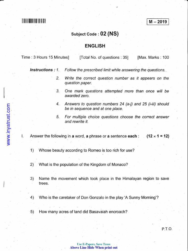 II Puc English March 2019 QP & Key Answer | PDF