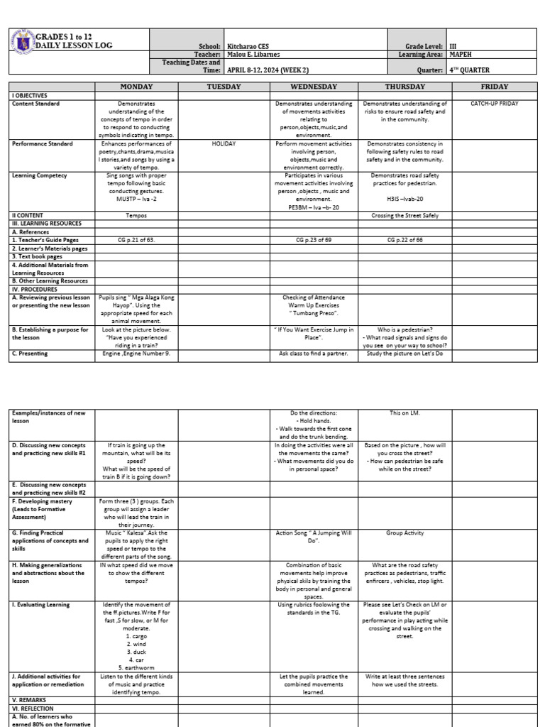 DLL - Mapeh 3 - Q4 - W2 | Download Free PDF | Learning | Teachers