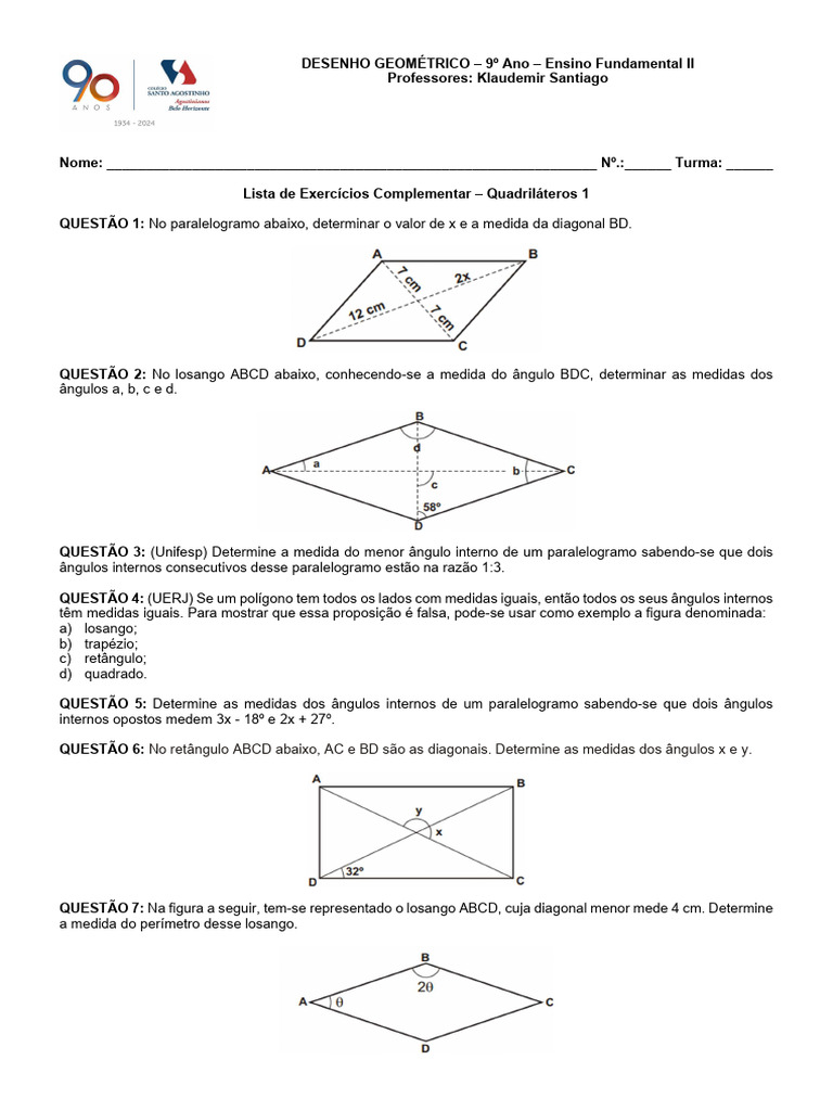Lista de Exercícios Complementar - Quadriláteros 1 | PDF | Triângulo | Geometria