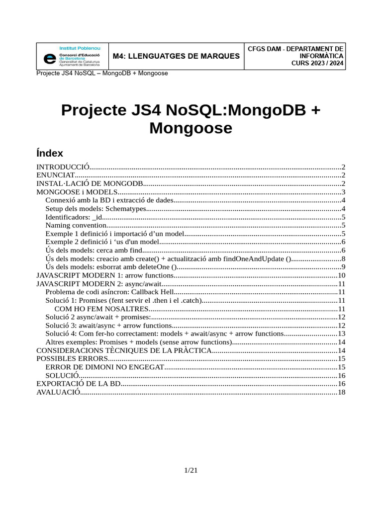 01 Projecte JS4 NoSQL MongoDB+Mongoose-2023-2024 | PDF
