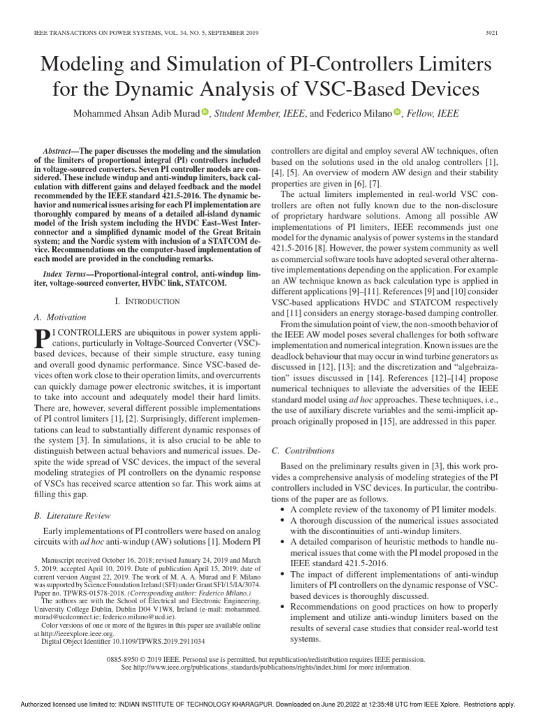 Modeling and Simulation of PI-Controllers Limiters For The Dynamic Analysis of VSC-Based Devices ...