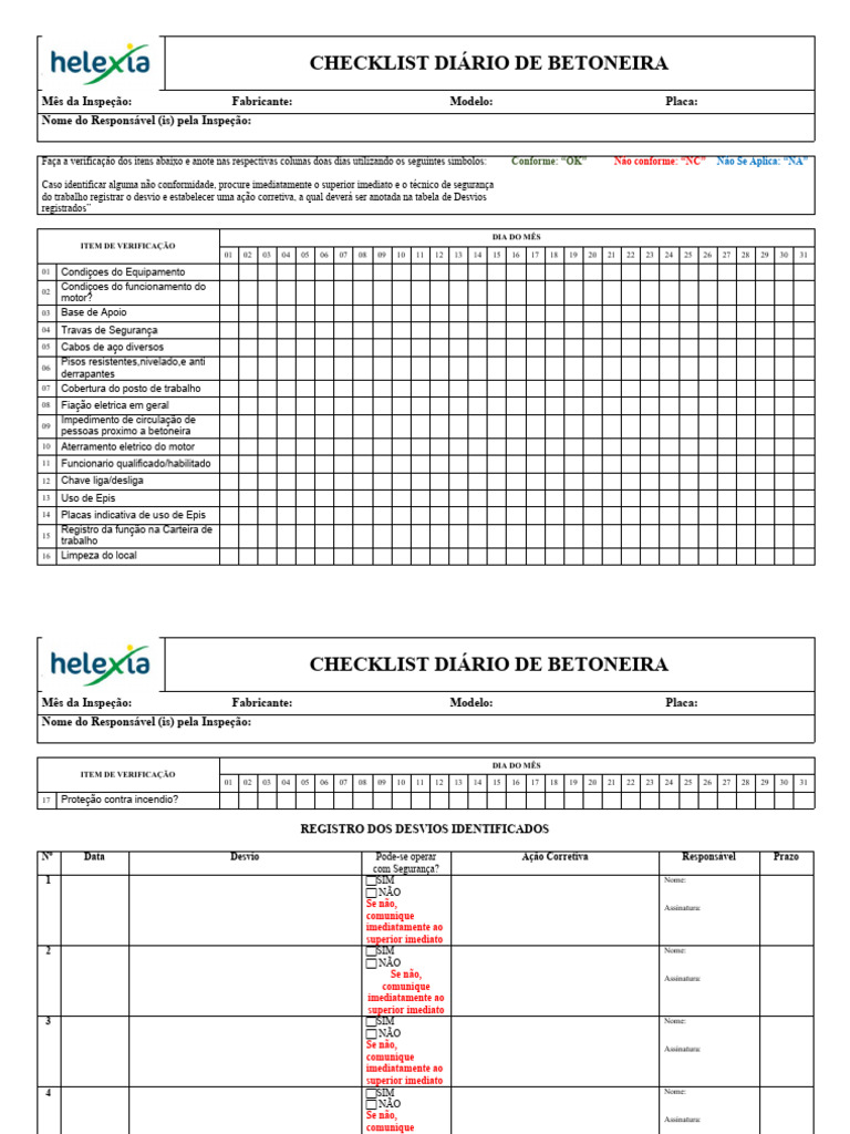Checklist Diário - Betoneira | PDF