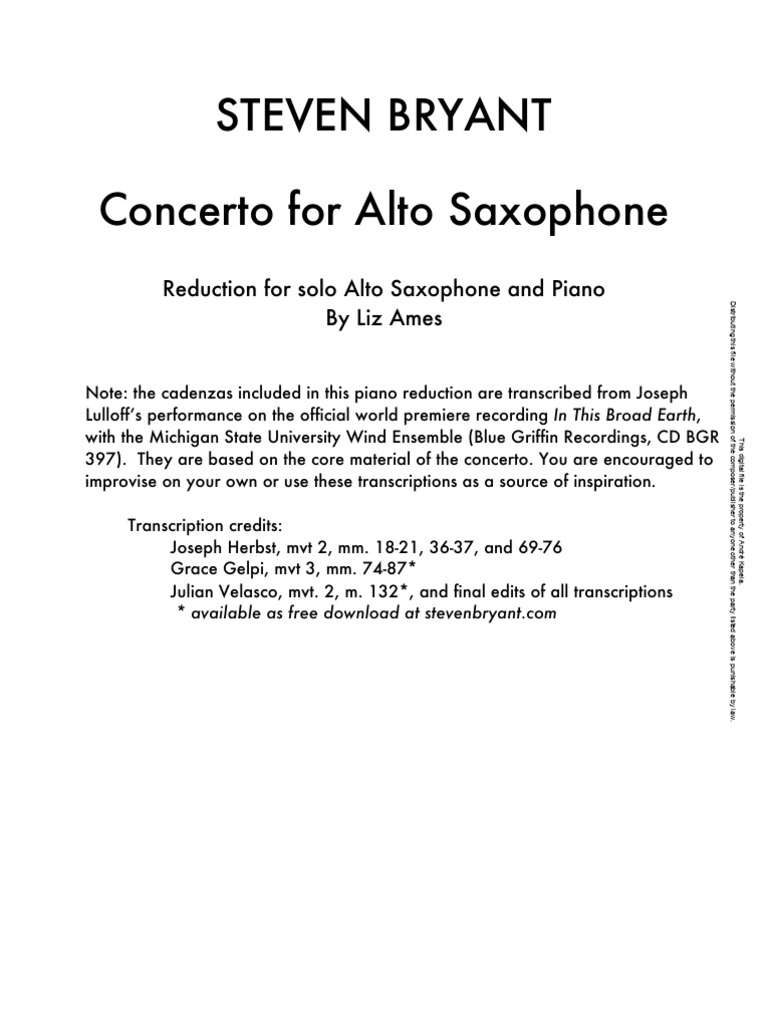 BRYANT - Concerto For Alto Saxophone - PIANO REDUCTION (Score + Solo ...