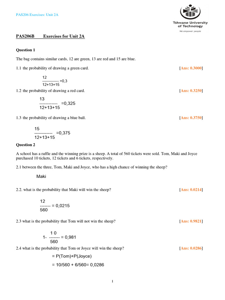 PAS206 Exercises Unit 2A (Answers) | PDF | Probability | Odds