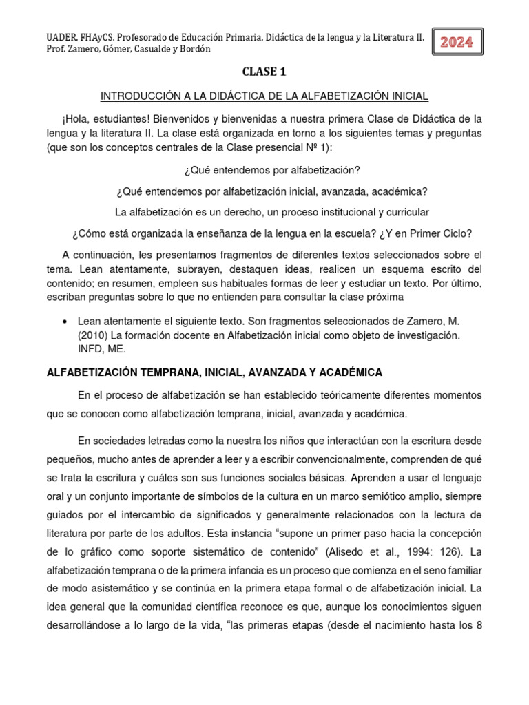 Clase 1 Introducción A La Alfabetización Inicial | PDF | Literatura | Educación primaria