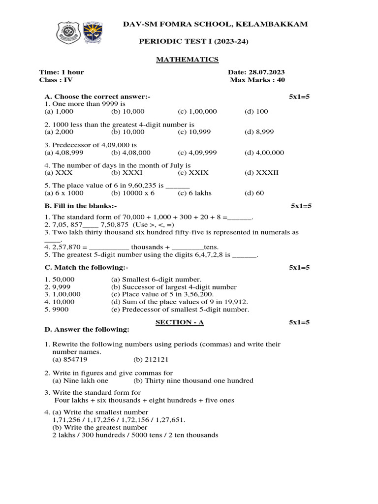 Grade 4 Math Test | PDF | Mathematics