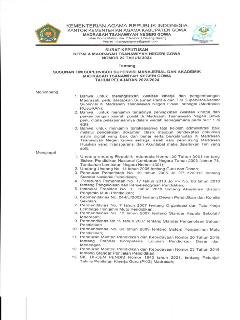 SK TIM SUPERVISI MTsN_2024 | PDF