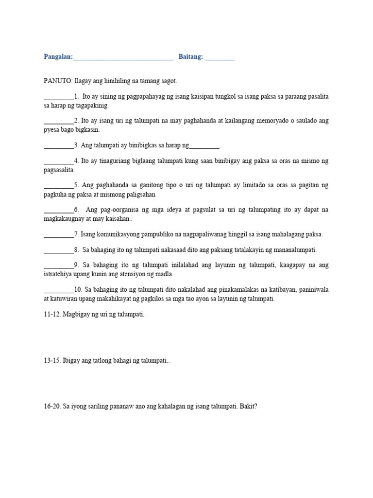 Quiz Sa Talumpati | PDF