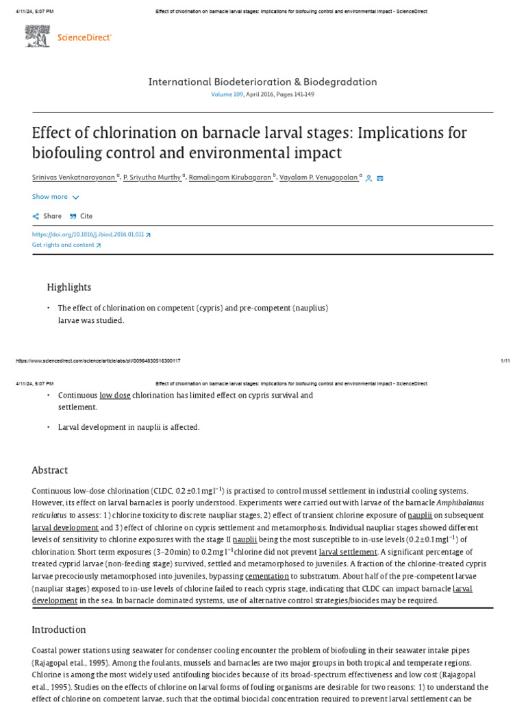 Effect of Chlorination On Barnacle Larval Stages - Implications For ...