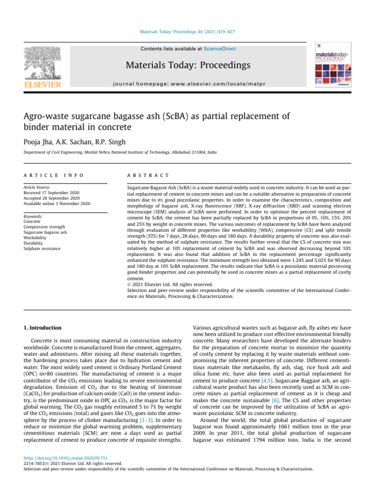 Agro Waste Sugarcane Bagasse Ash ScBA As Partial Rep - 2021 - Materials Today | Download Free ...