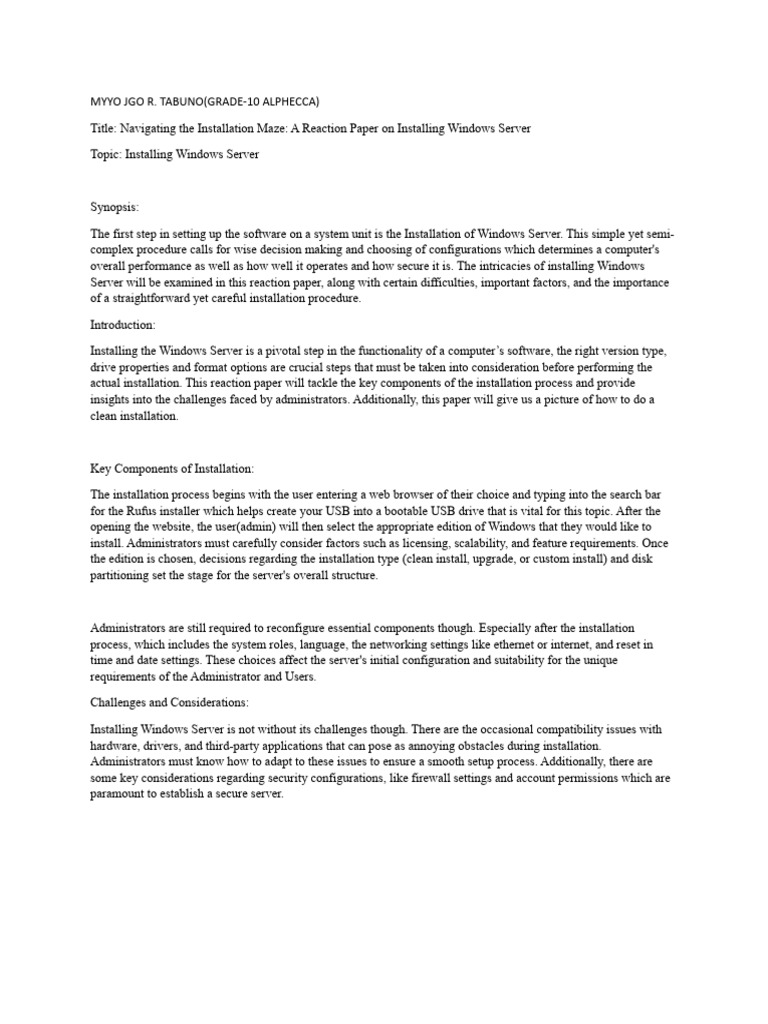 Installings Windows Server Reaction Paper | PDF | Installation ...