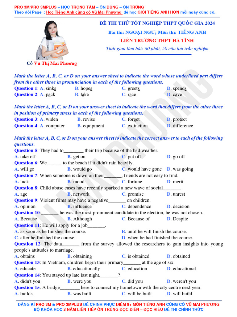 (Cô Vũ Mai Phương) Đề thi thử tốt nghiệp THPT Quốc Gia 2024 - Liên trường THPT Huyện Cẩm Xuyên ...