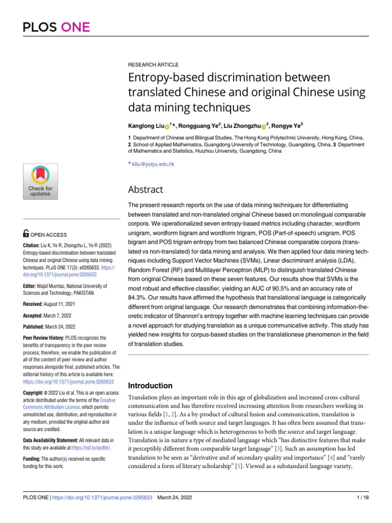 Entropy-Based Discrimination Between Translated Chinese and Original Chinese Using Data Mining ...