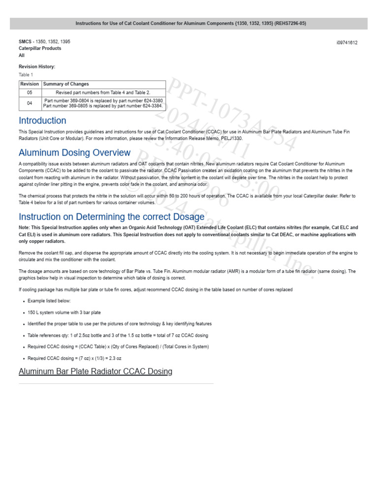 Instructions For Use of Cat Coolant Conditioner For Aluminum Components ...