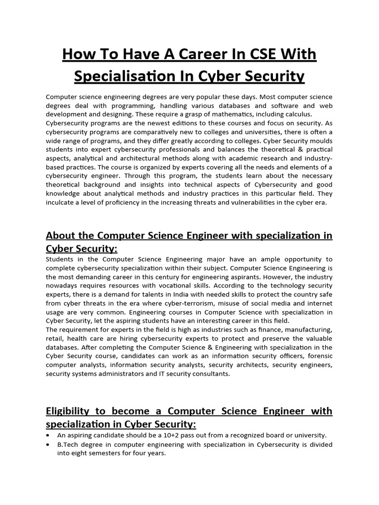 Career in CSE: Cyber Security Specialization | PDF | Computer Security ...