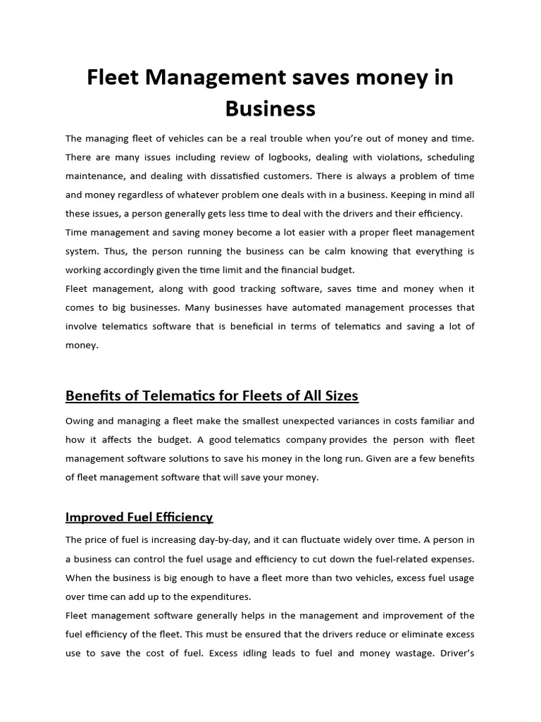 Fleet Management Saves Money in Business | PDF | Vehicles | Transport Fleet Management Saves Money in Business | PDF | Vehicles | Transport