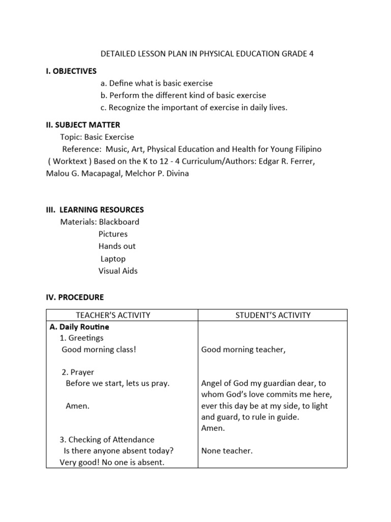 Detailed Lesson Plan in Physical Education Grade 4 | PDF | Physical ...