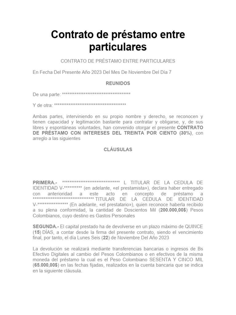 Modelo de Contrato de Préstamo Entre Particulares | PDF | Finanzas y ...