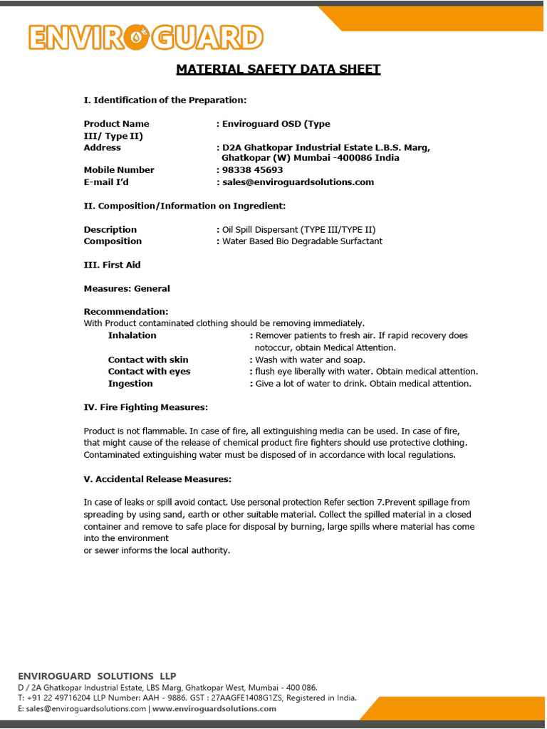 Enviro OSD Data Sheet (1) | PDF | Water | Oil Spill