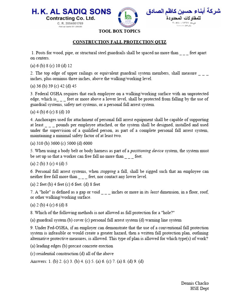 Construction Fall Protection Quiz | PDF | Safety | Occupational Safety ...