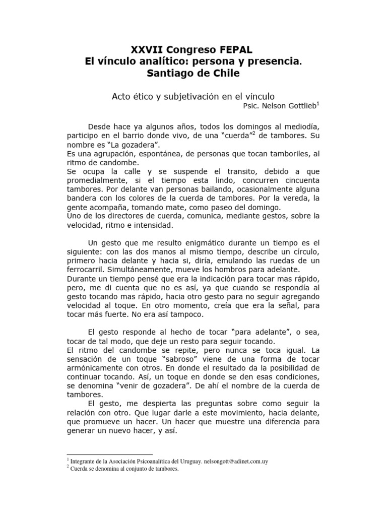 Gottlieb, Nelson. XXVI Congreso FEPAL. Acto - Etico - y - Subjetivacion - en - El - Vinculo | PDF