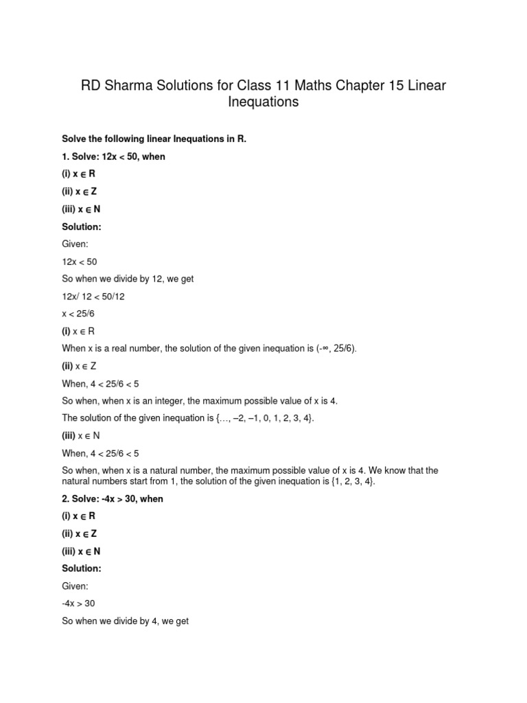 RD Sharma Solutions For Class 11 Maths Chapter 15 Linear Inequations | PDF | Inequality ...