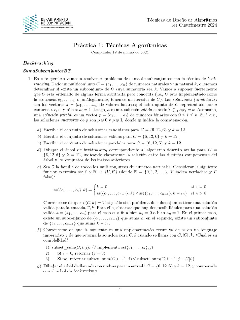 Práctica 1 - Backtracking, Programación Dinámica, Algoritmos Greedy | PDF | Algoritmos ...