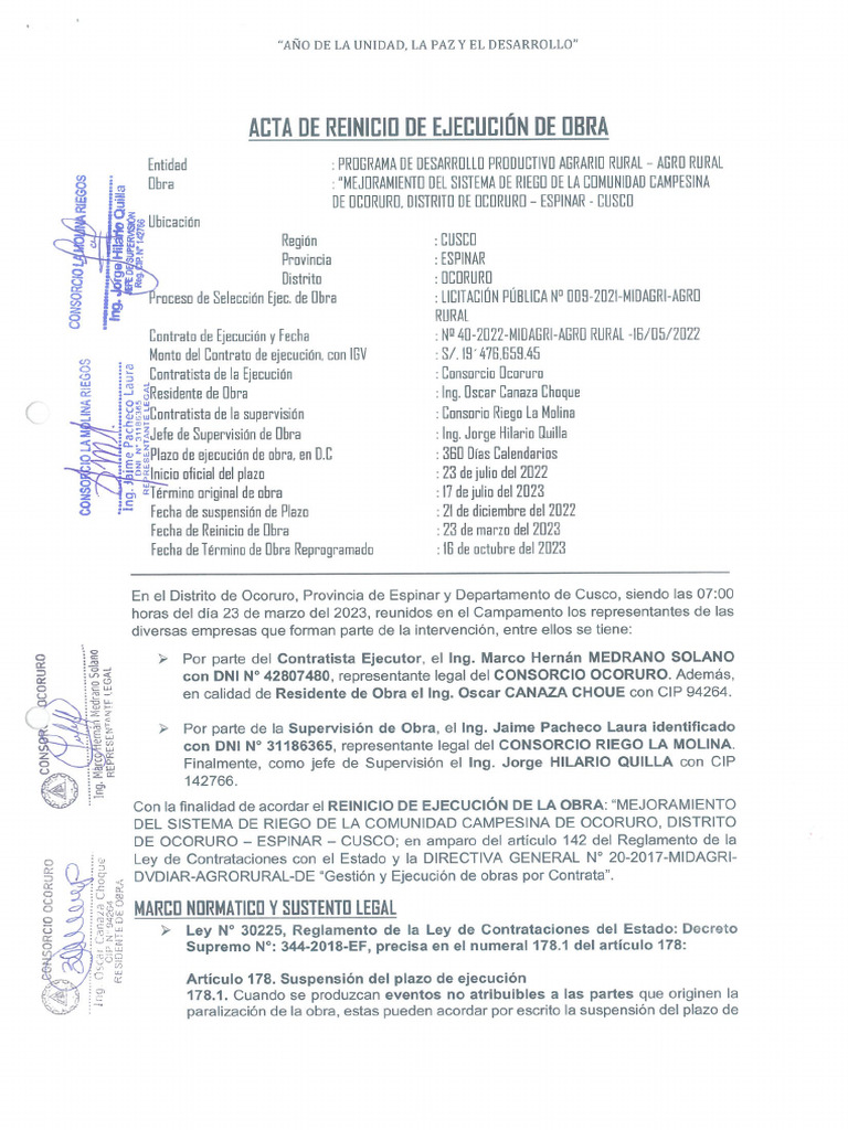 Modelo de Acta de Reinicio de Obra | PDF | Derecho | Tecnología e ingeniería