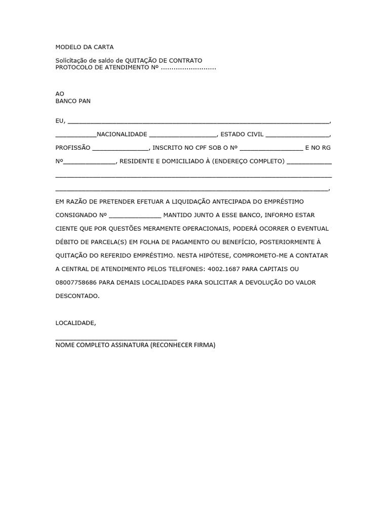 Solicitacao - Saldo - Quitacao - Contrato Modelo de Carta PAN | PDF