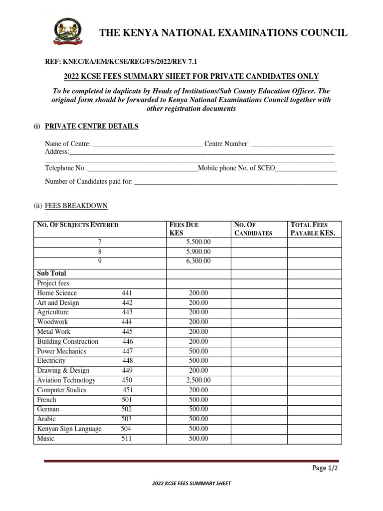 2022 KCSE Fees Summary Sheets | PDF | Service Industries