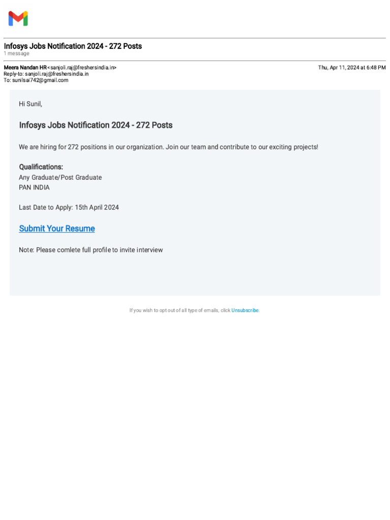 Gmail - Infosys Jobs Notification 2024 - 272 Posts | PDF