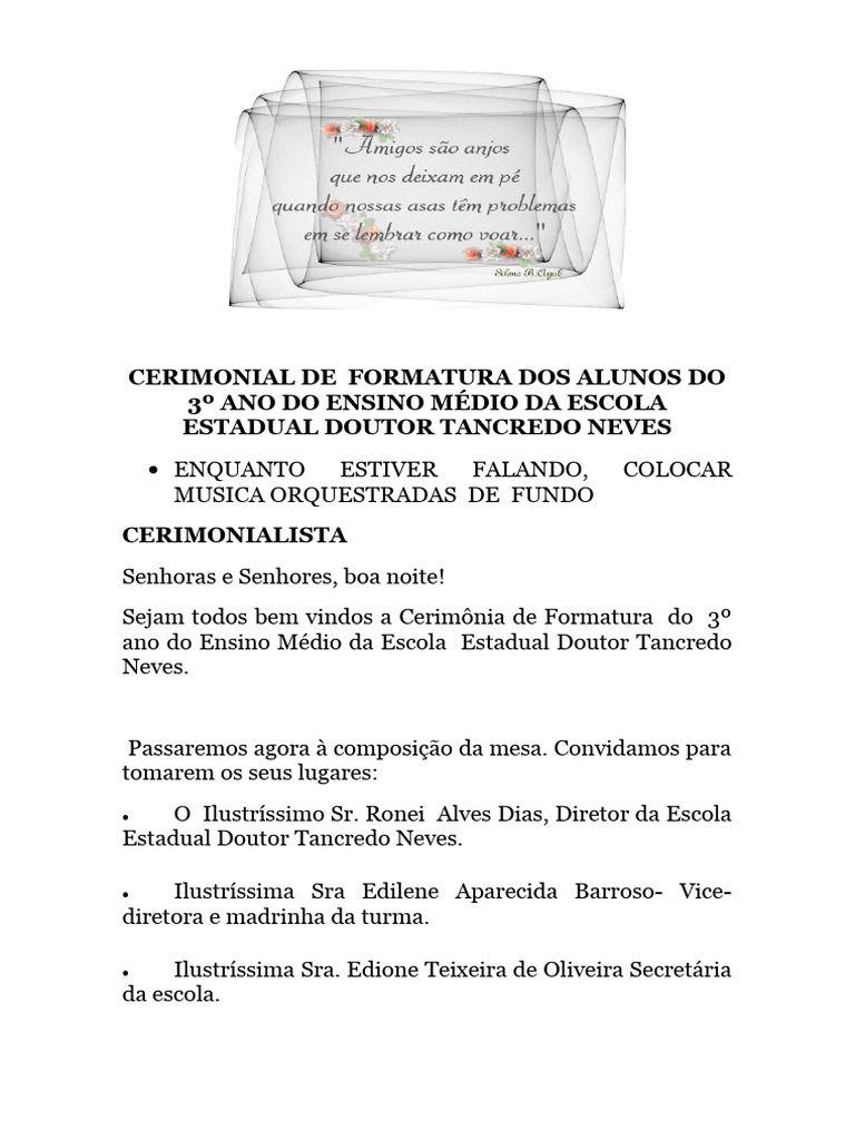 Cerimonial de Formatura Tancredo | PDF | Amor | Aprendizado