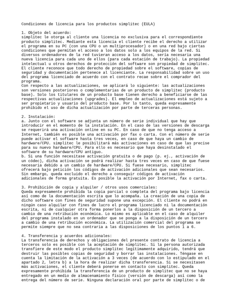 Licencia de Software Simplitec: EULA | PDF | Software | Informática