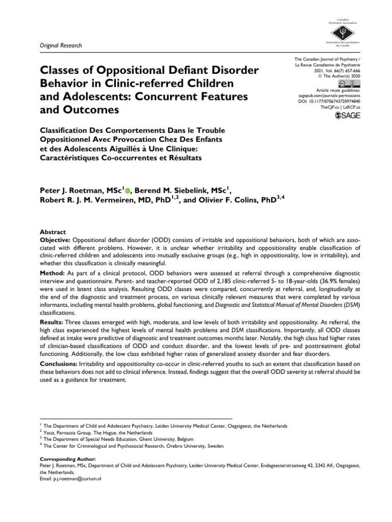 Classes of Oppositional Defiant Disorder Behavior in Clinic-Referred ...