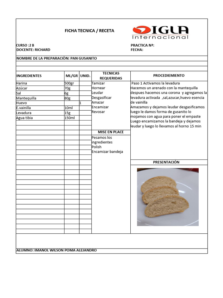 Fichas Técnica Pan Gusanito | PDF