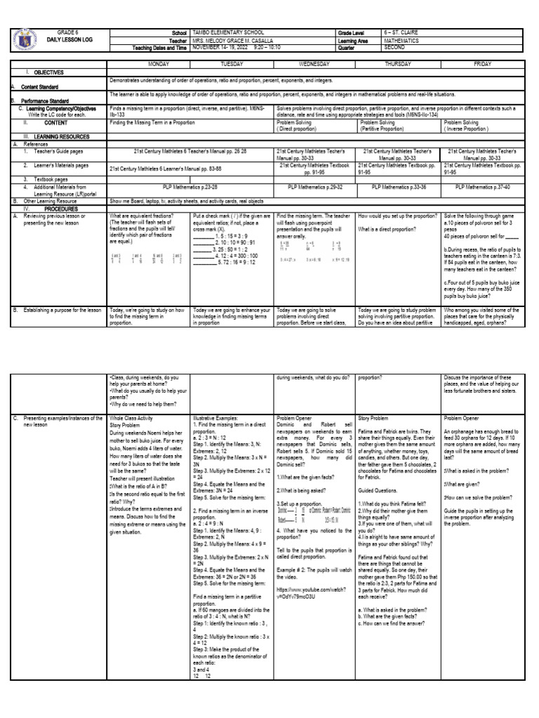 DLL Q2 Math6 Week 2 | PDF | Ratio | Teachers