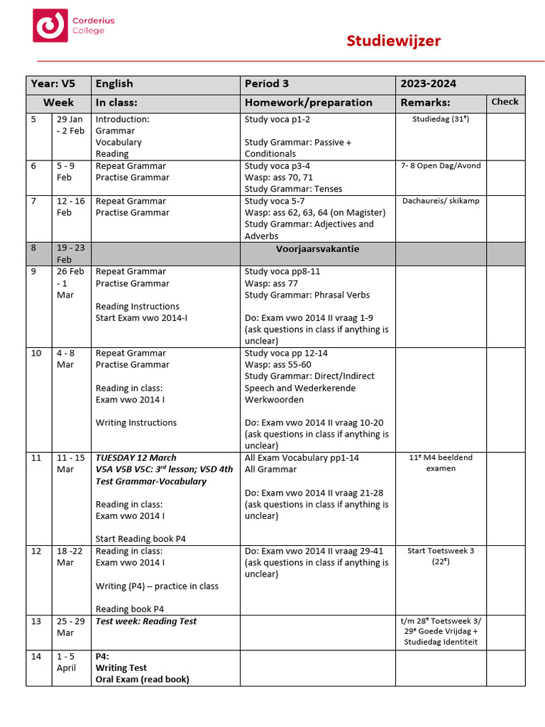 Studiewijzer V5 Engels Periode 3 2023-2024 | PDF | English Language | Linguistics