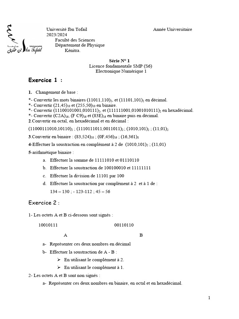 Exercice de soustraction en base 2 | PDF | Décimal codé binaire | Notation
