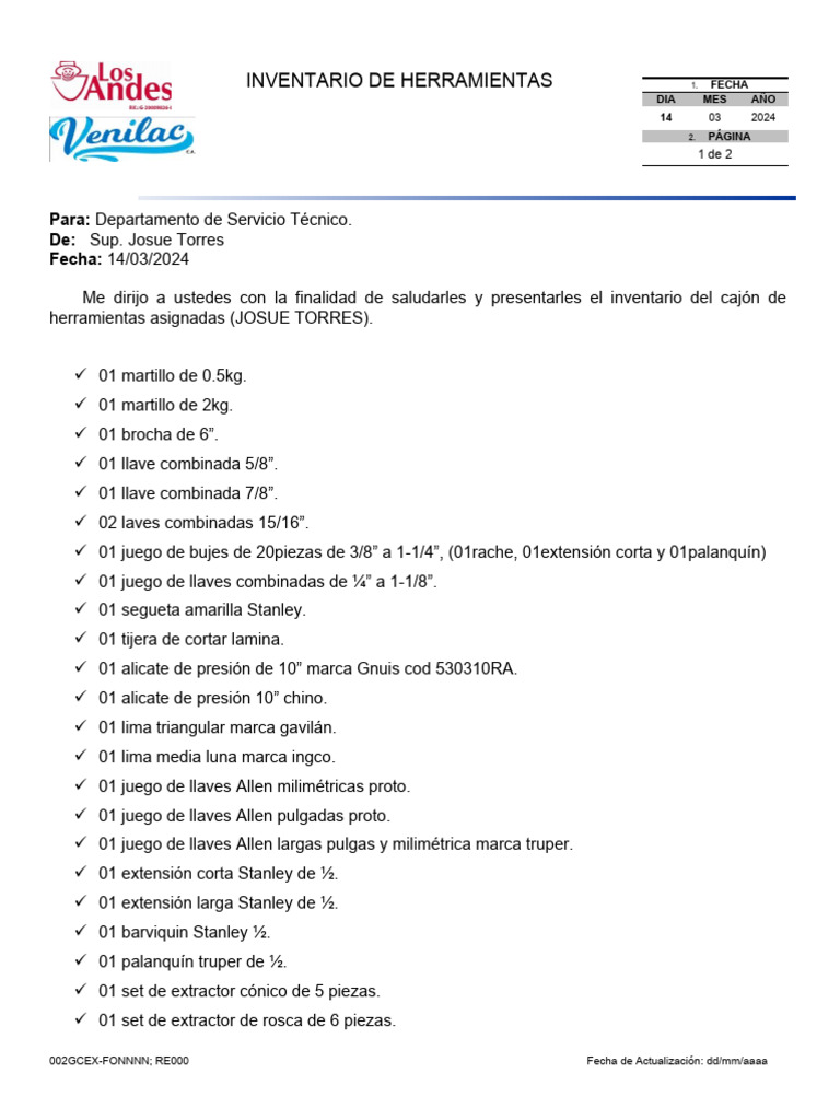Acta de Entrega de Herramienta | PDF | Herramientas | Metalurgia