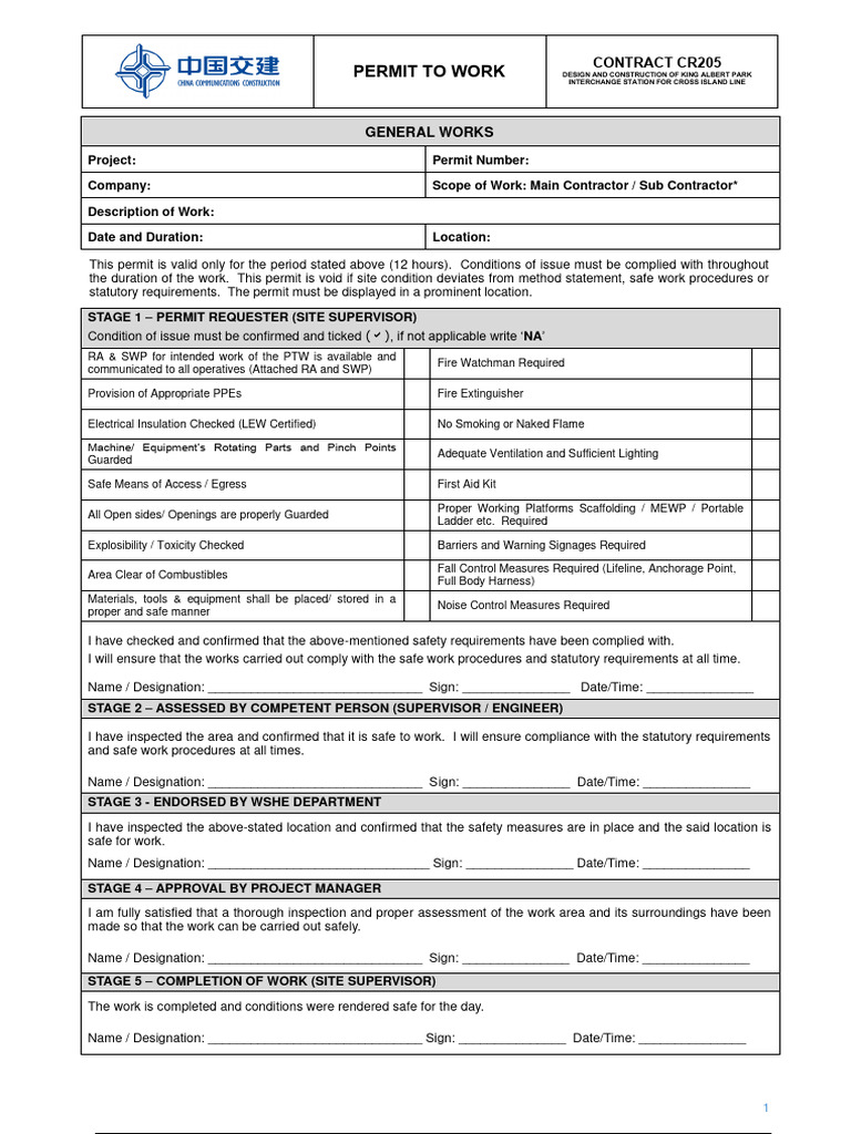 General Permit to Work Template | PDF | Occupational Safety And Health ...