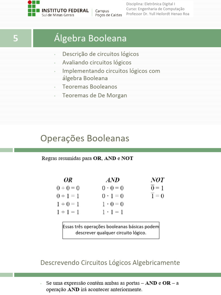 Aula - 5 Algebra Booleana | PDF | Lógica | Rede elétrica