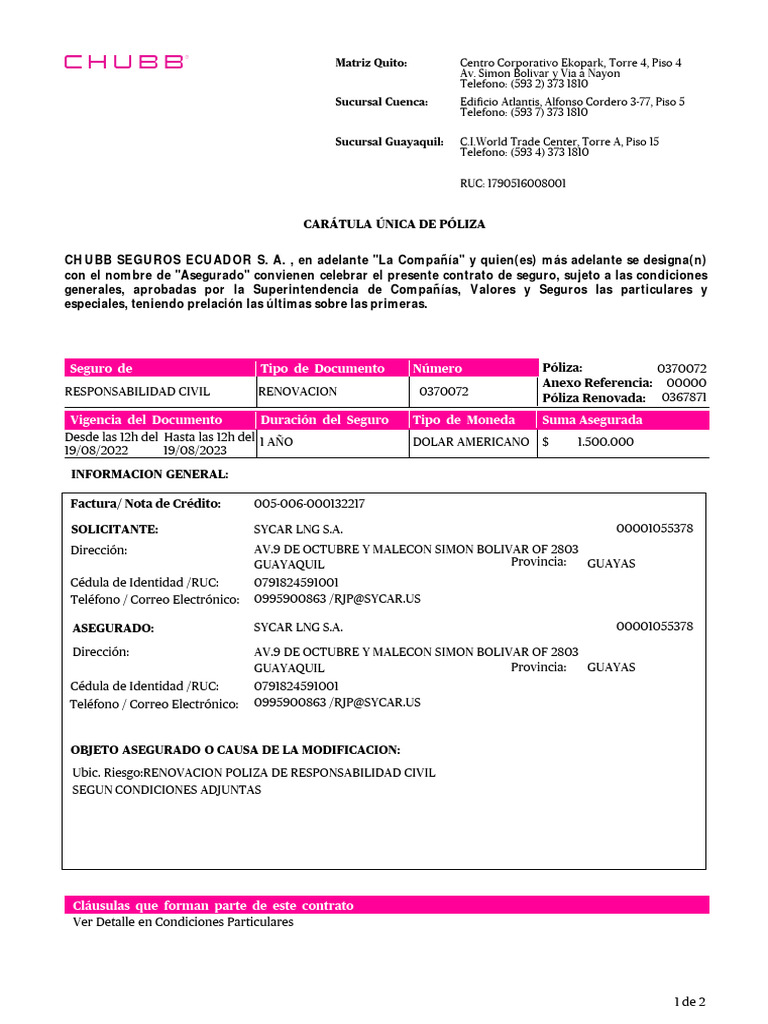 POLIZA RESPONSABILIDAD CIVIL 0370072_ 2023 | PDF | Póliza de seguros | Seguro